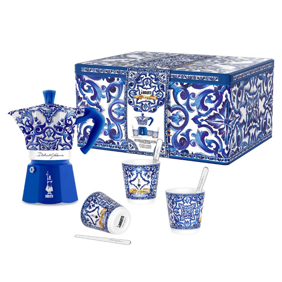 Bialetti Blu Med 6 cups D&G + 3 porcelain cups + 3 silver stirrers Gif ...